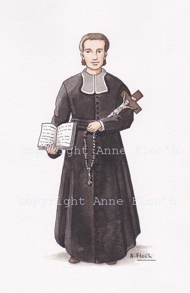 Aquarelle originale de saint Louis-Marie Grignon de Montfort - Anne-floch